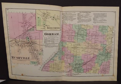 New York Ontario County Map Gorham Rushville Township 1874 Dbl Pg W15 ...