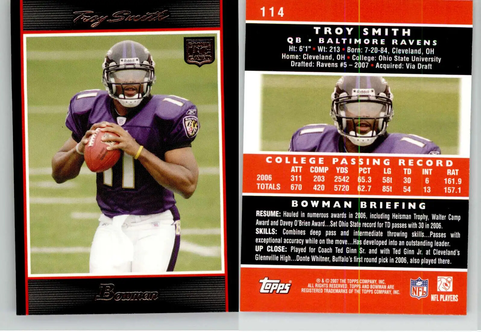 Troy Smith 2007 Bowman #114 Ohio St Ravens RC Rookie | eBay