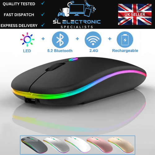 Slim Silent Rechargeable Wireless Mouse RGB LED USB Mice MacBook Laptop ...