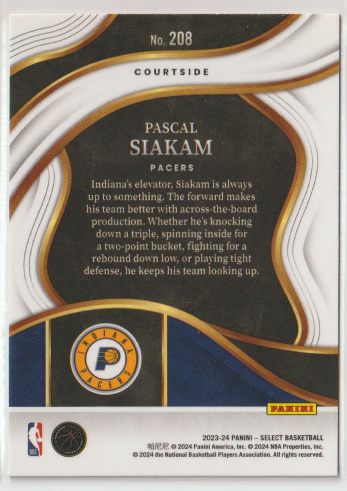 2023-24 Panini Select Blue Pascal Siakam Courtside #208 Indiana Pacers ...