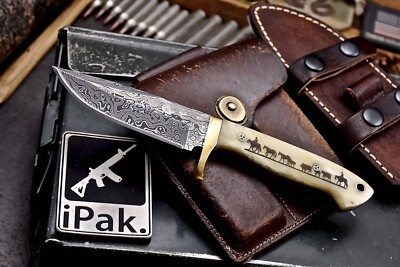 CFK Handmade Damascus Custom CATTLE ROUNDUP Scrimshaw Bone Horn Hunting ...