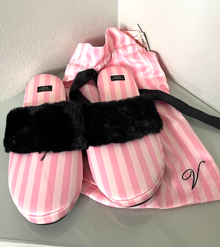 Victoria's Secret Satin Striped Faux Fur Cozy Slides Slippers & Bag ...