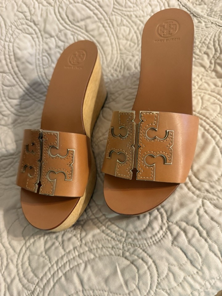 Tory Burch Brown Leather Slide Sandals Women Slip On Wedge Logo Accent ...