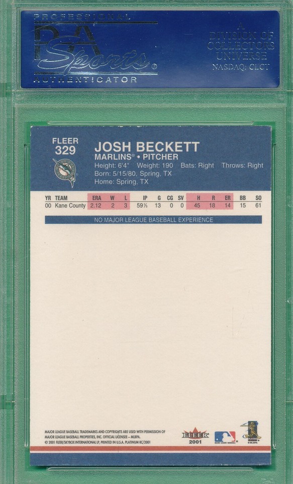 PLATINUM PSA 7 NM JOSH BECKETT ROOKIE 2001 FLEER RC-329 GRADED MARLINS ...