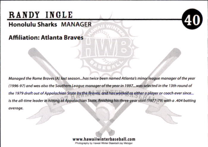 2007 Honolulu Sharks #15 Randy Ingle Manager Baseball Cardd | eBay