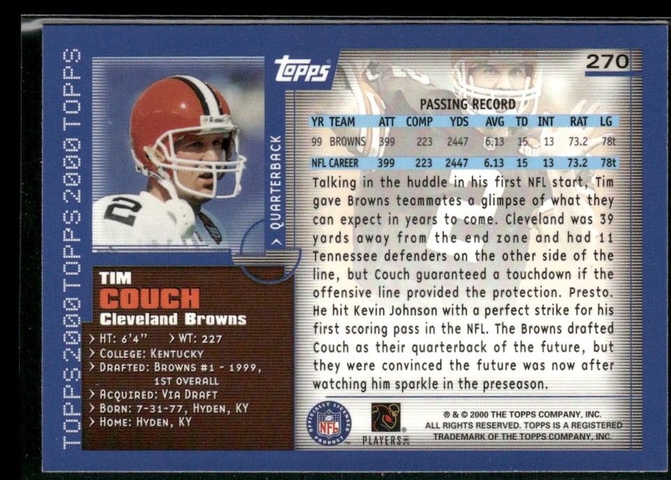 2000 Topps #270 Tim Couch Topps Collection Cleveland Browns | eBay