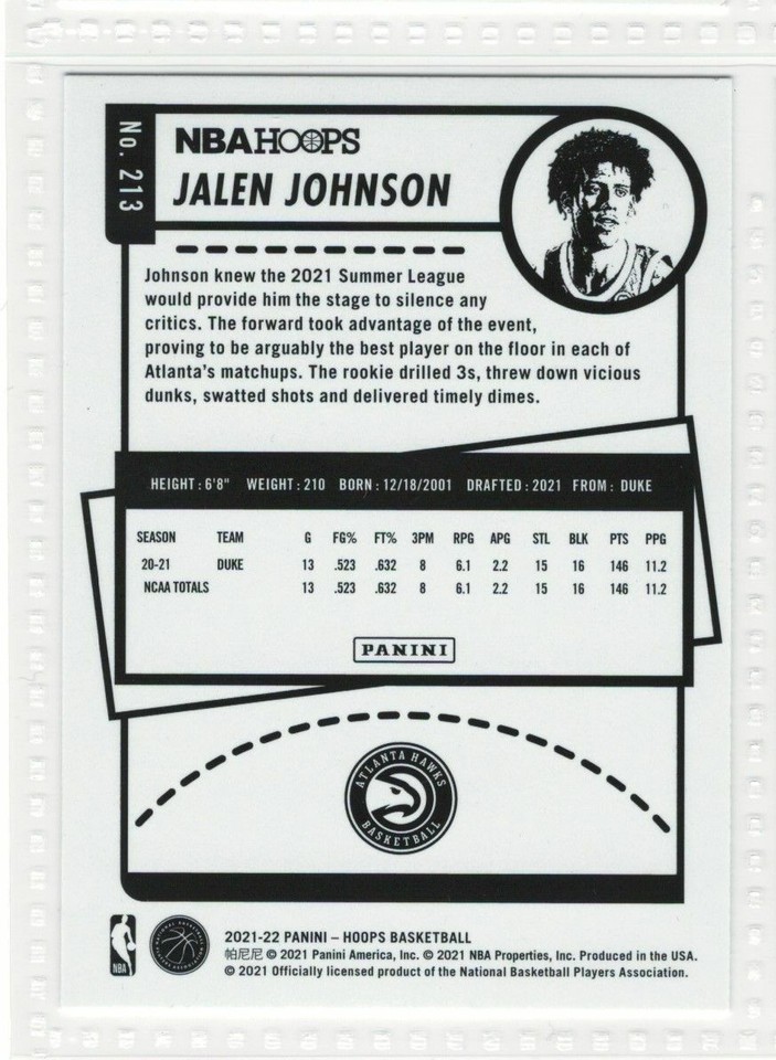 2021-22 Panini NBA Hoops #213 Jalen Johnson Rookie Card RC Hawks | eBay