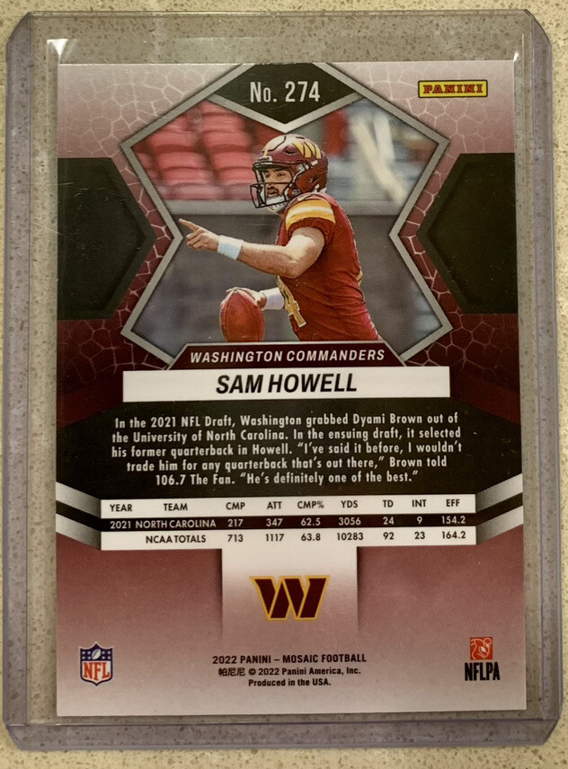 2022 Panini Mosaic Sam Howell NFL Debut Rookie RC #274 Washington ...