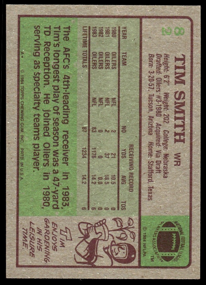 1984 TOPPS TIM SMITH K RC HOUSTON OILERS #82 | eBay