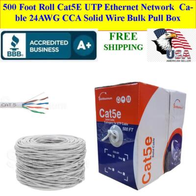 CAT5e UTP 500ft Network Ethernet Cable 24AWG CCA Bulk Pull Box Solid ...