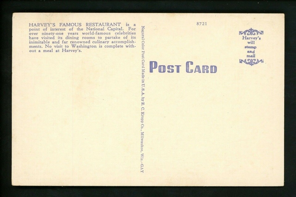 Restaurant postcard Washington DC, Harvey's Famous Restaurant linen ...