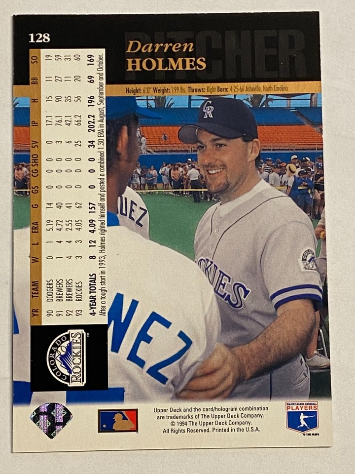 1994 Upper Deck Electric Diamond Darren Holmes Rockies #128 Gold Back ...