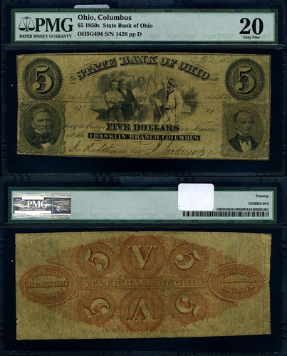 Franklin Branch, Columbus OH-Ohio $5 1855 Obsolete Currency State Bank ...