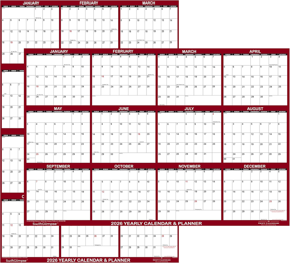 32" X 48" Swiftglimpse 2026 Wall Calendar Erasable Jumbo XL Wet & Dry ...