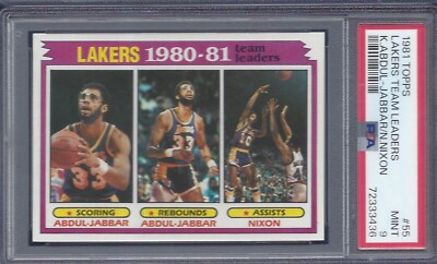 1981 TOPPS BASKETBALL #55 LAKERS TEAM LEADERS KAREEM ABDUL-JABBAR PSA 9 ...