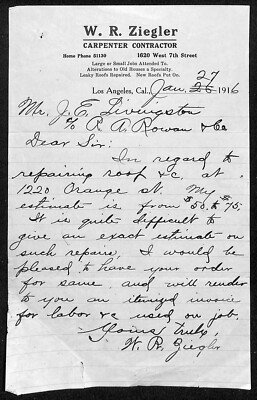 W.R. Ziegler Carpenter Contractor 1916 Billhead Letterhead - R.A. Rowan ...
