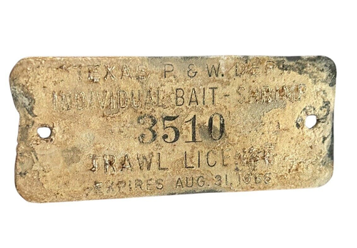 Vtg TEXAS P & W Dept. -Individual BAIT SHRIMP TRAWL LICENSE Metal PLATE ...