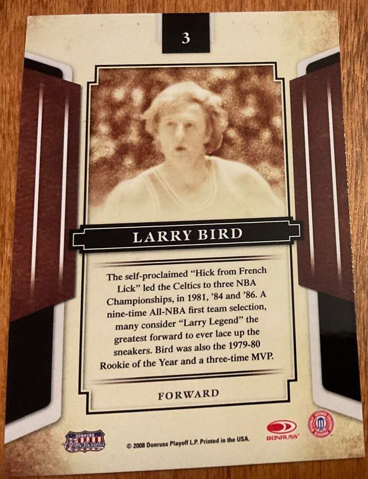 Larry Bird 2008 Donruss Americana Sports Legends Indiana State Card #3 ...