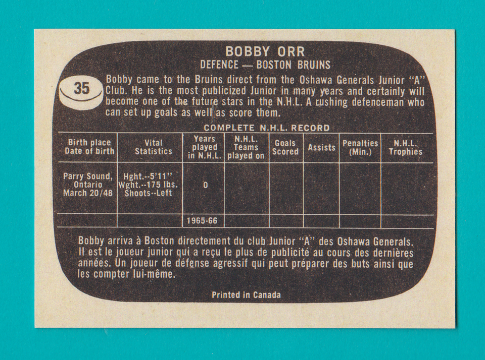 BOBBY ORR Rookie Card reprint | eBay