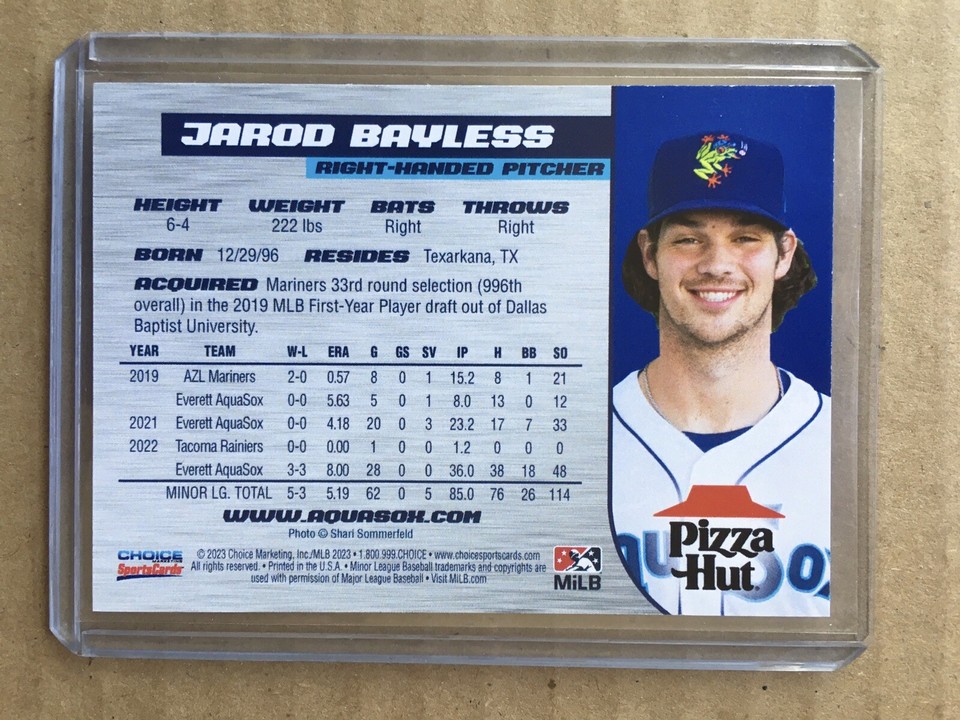 Jarod Bayless Everett Aquasox 2023 Autographed Card Seattle Mariners ...