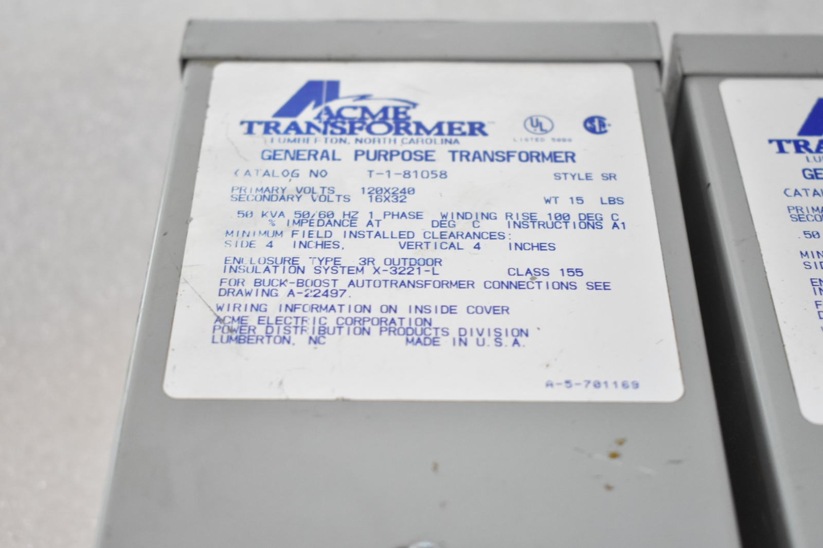 ACME T-1-81058 1-PHASE GENERAL PURPOSE TRANSFORMER 120/240V (LOT OF 3 ...