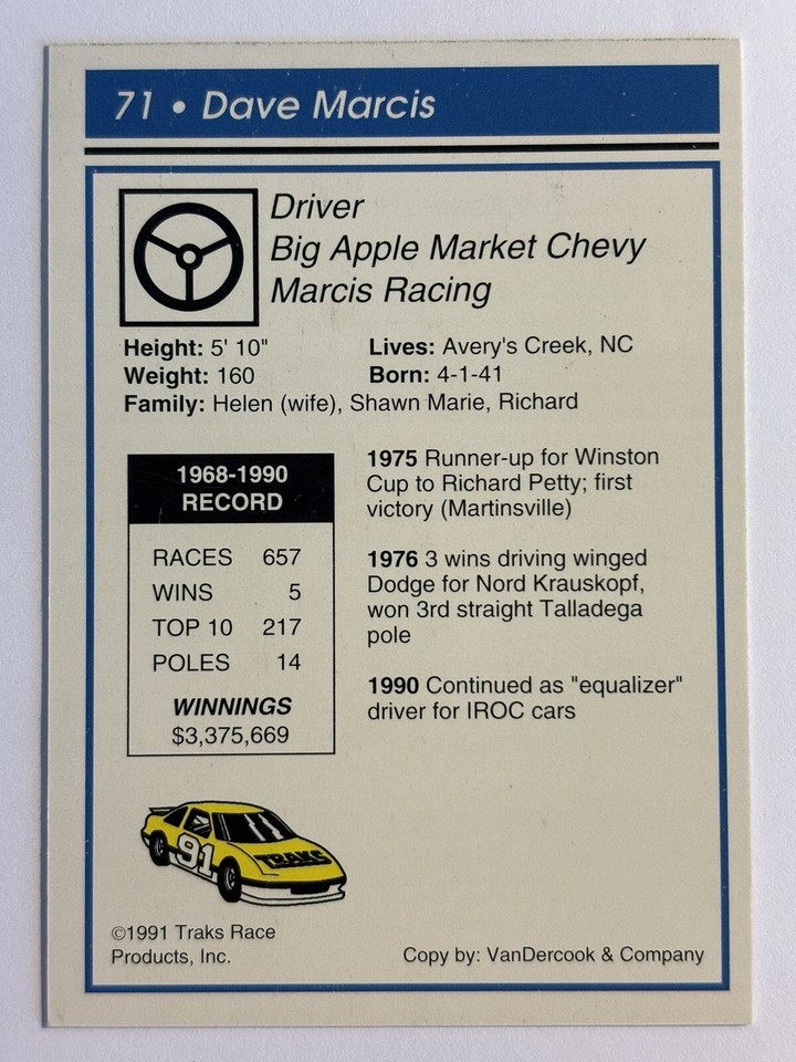 DAVE MARCIS 1991 TRAKS RACING #71 AUTOGRAPHED NASCAR RACING CARD | eBay