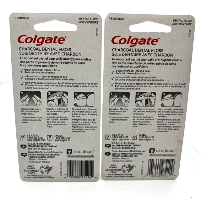 Lot 3 (2pk 6 total) Colgate Charcoal Dental Floss non-teflon Mint for ...