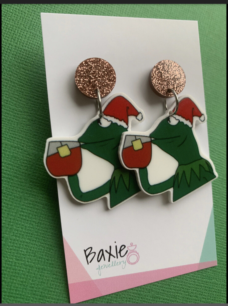 Frog & Egg Nog Christmas Earrings, Surgical Steel Stud, Brown Glitter ...