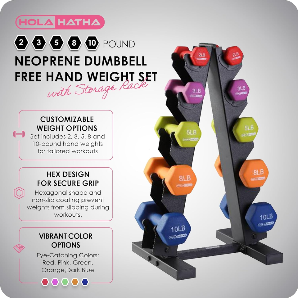 HolaHatha Neoprene Dumbbell Free Hand Weight Set with Storage Rack ...