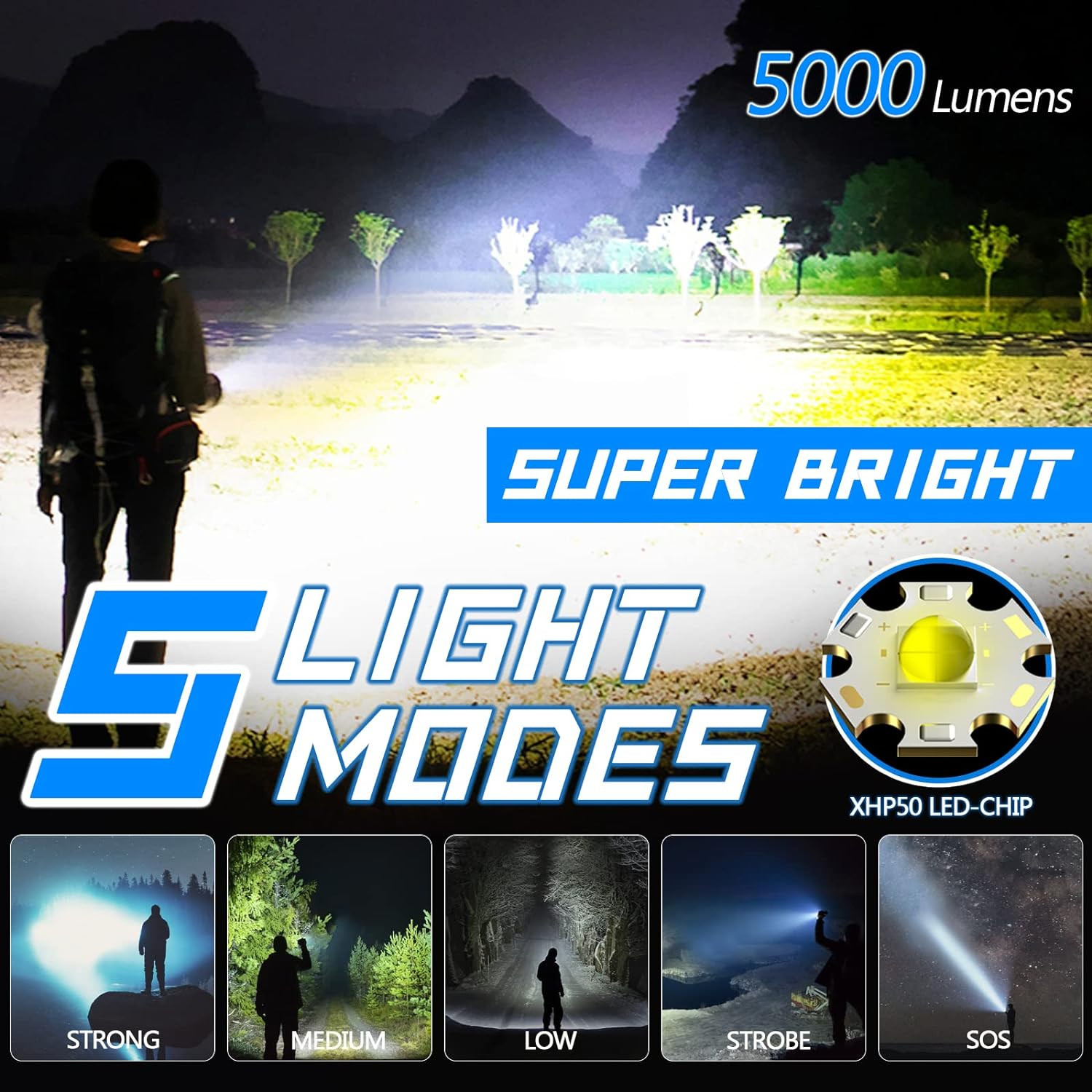 Flashlights LED High Lumens Rechargeable, 5000 Lumens XHP50 Super ...