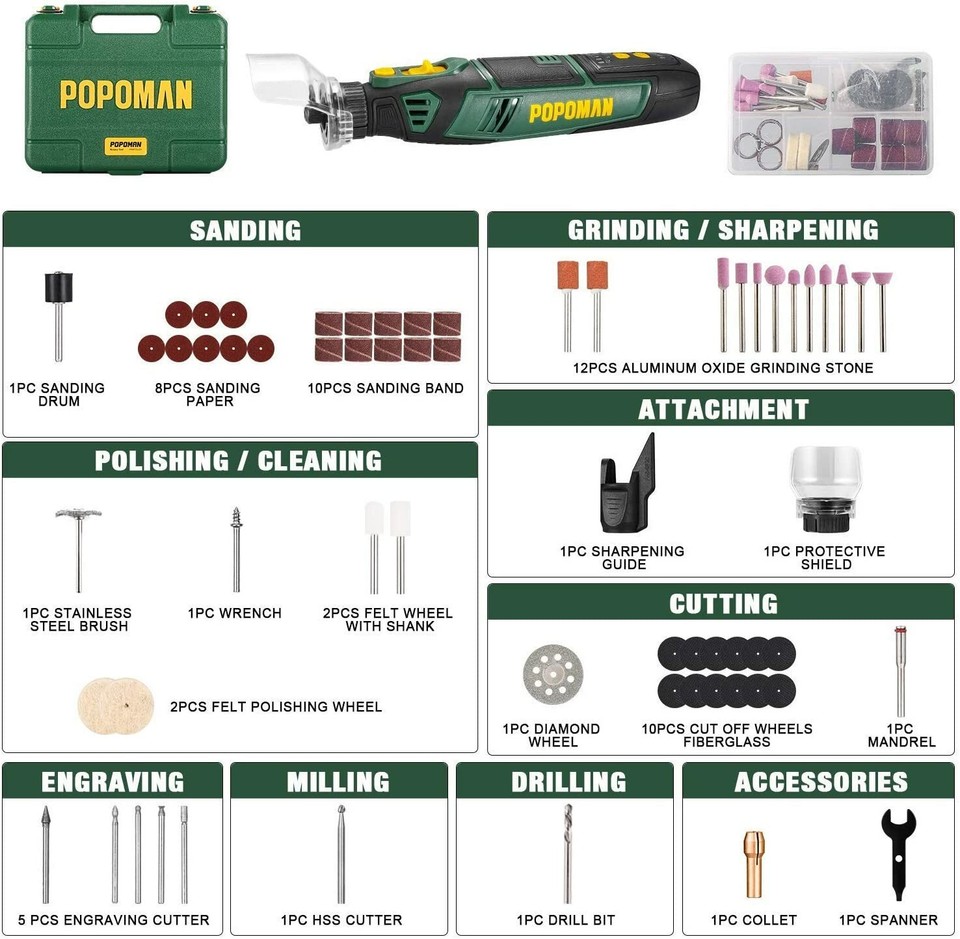 Cordless Rotary Tool Kit, POPOMAN 8V 2.0Ah Li-ion Battery, USB-C Cable ...