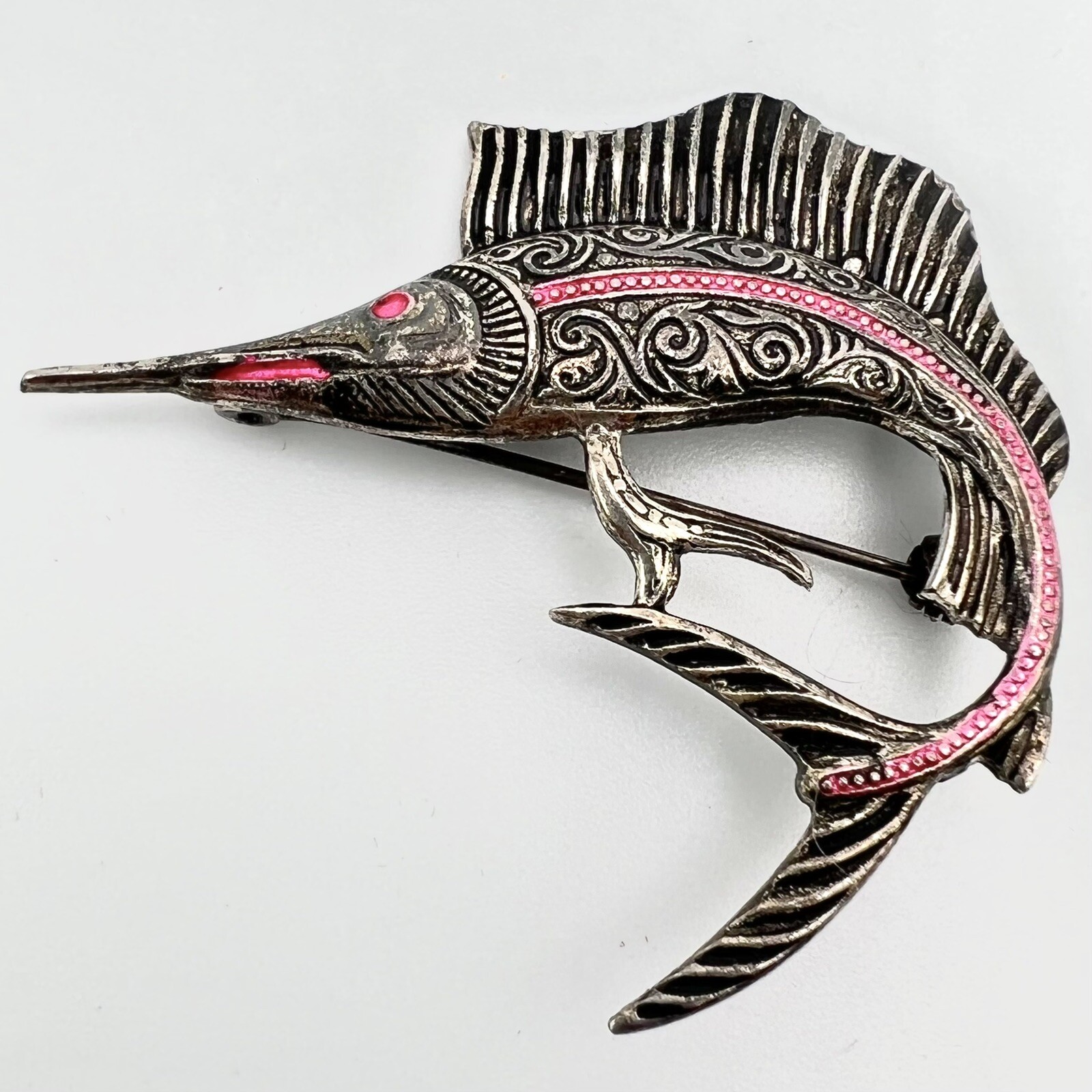 Vintage Damascene MARLIN SWORDFISH FISH Pin Brooch Sp… - Gem