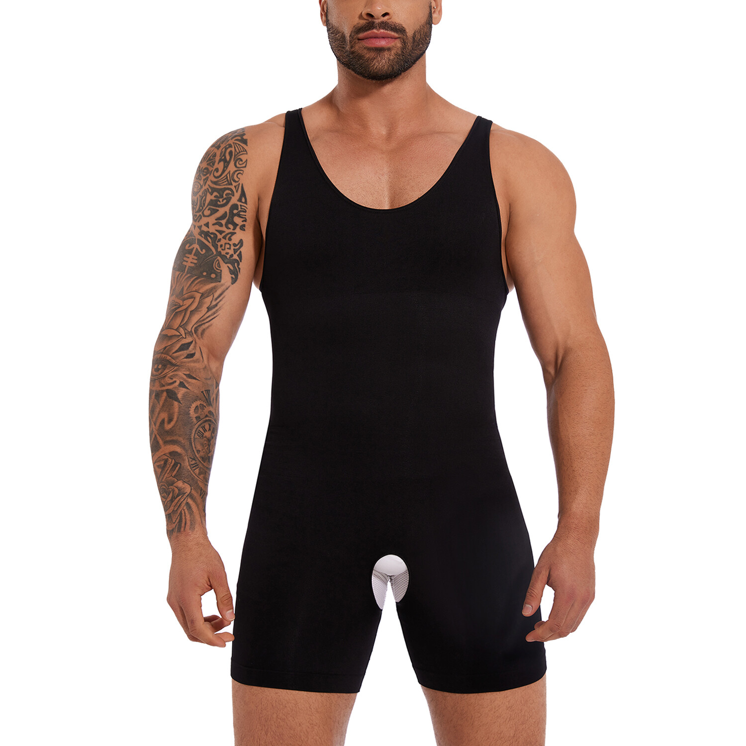 Men's Full Body Shaper Slimming Compression Bodysuit Thigh Slimmer ...