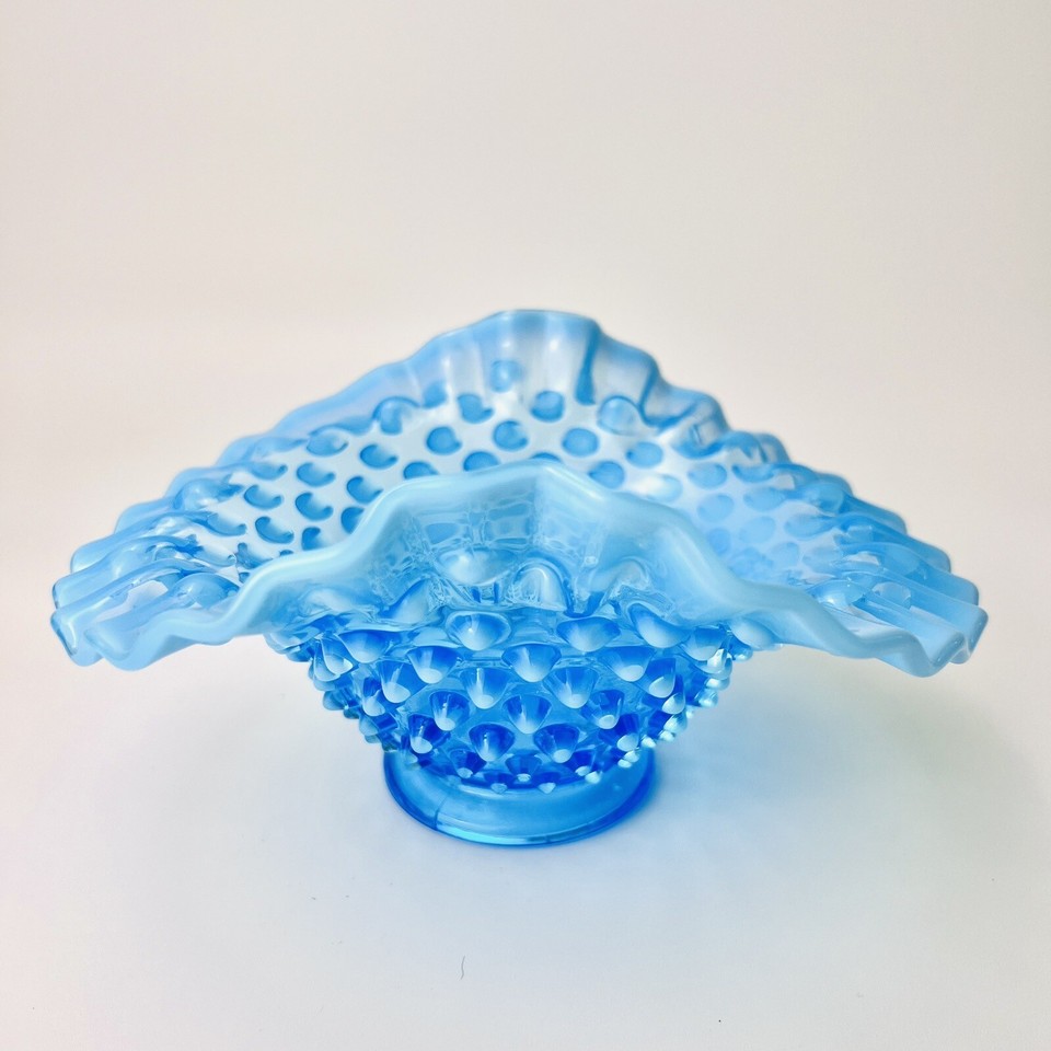 Vintage Fenton Glass Blue Opalescent Hobnail Ruffled Bowl | eBay