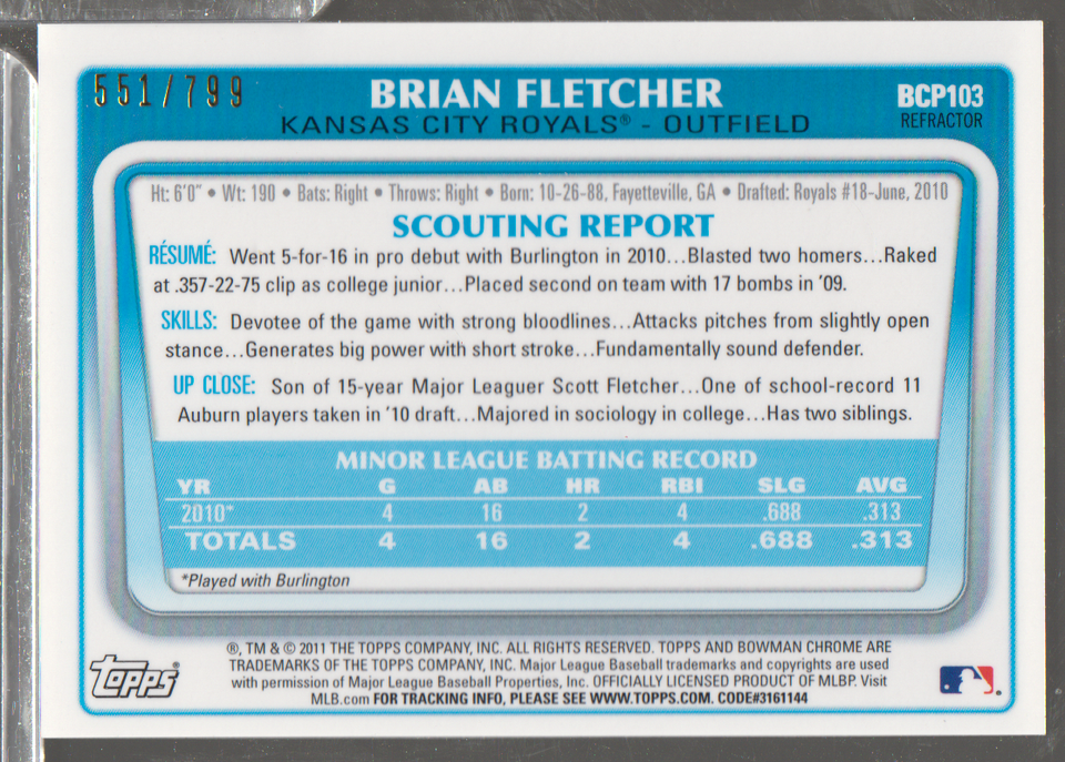Brian Fletcher Royals 2011 Topps Bowman Refractor /799 BCP103 ...