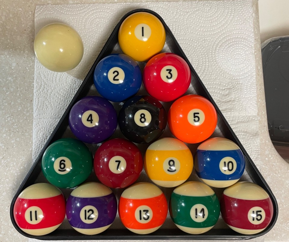 CLEANED & POLISHED ARAMITH “PREMIER” POOL BALLS WITH 8 BALL RACK & 9 ...