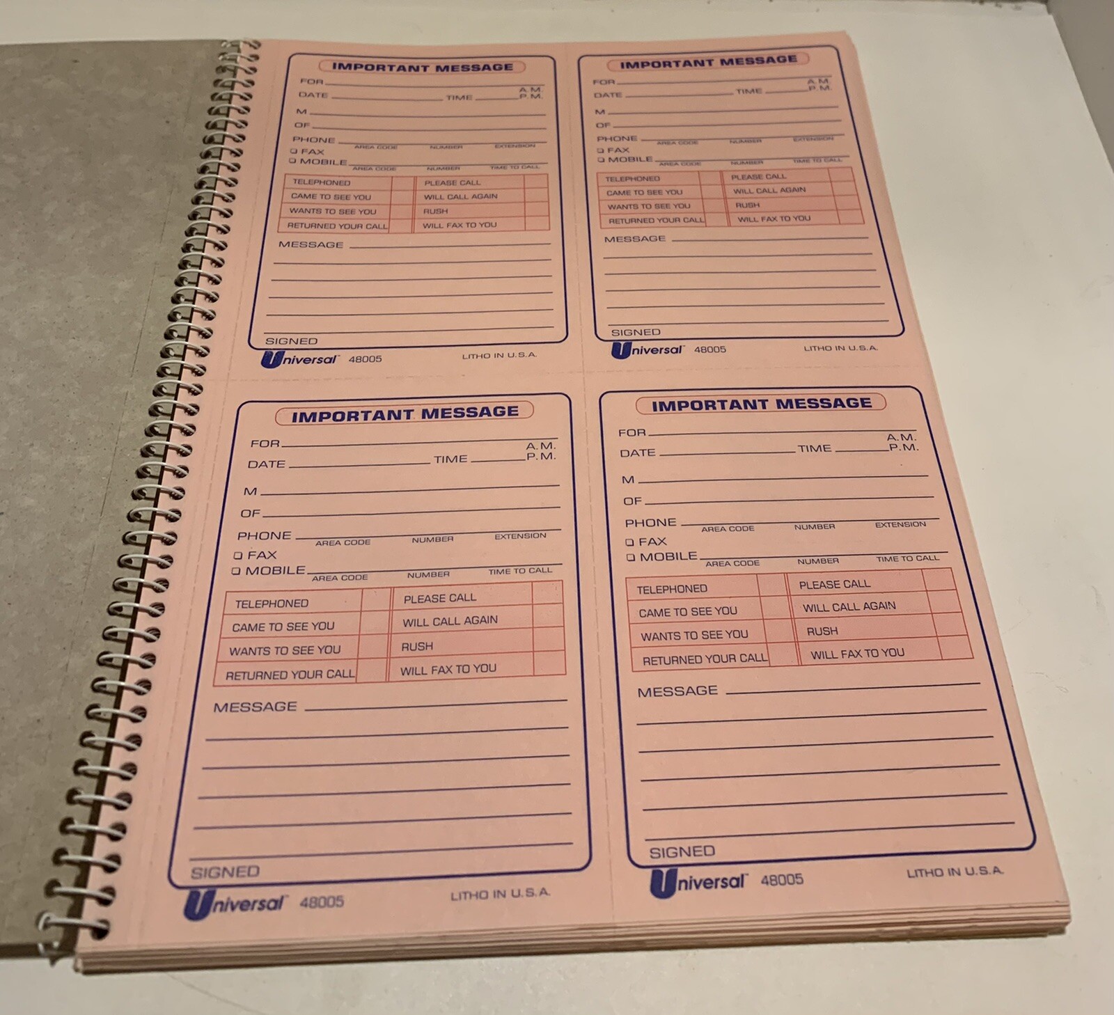 Rediform & Universal Wirebound Phone Message Book Two-Part Carbonless ...
