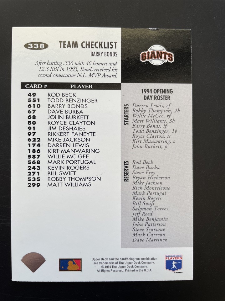 1994 Collector's Choice #338 Barry Bonds San Francisco Giants Team ...