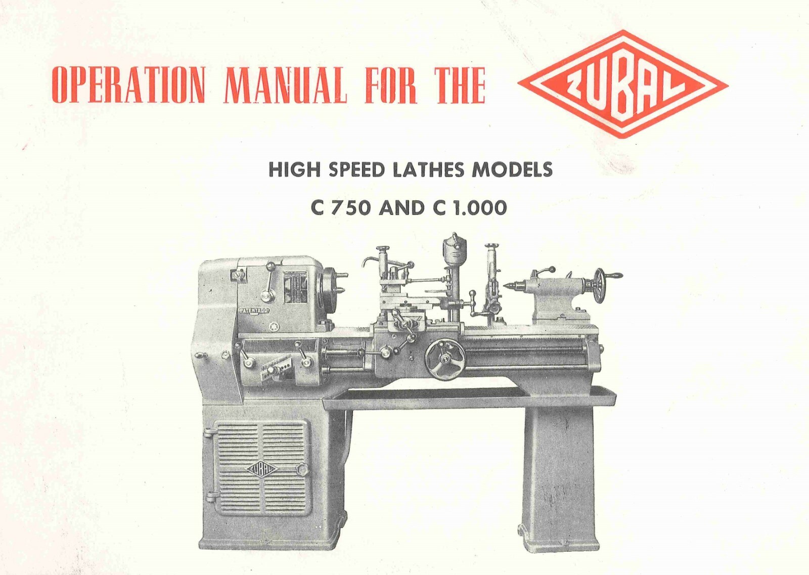 750 1000 High Speed Lathe Operator Instruction Manual Fits Zubal C 750 ...
