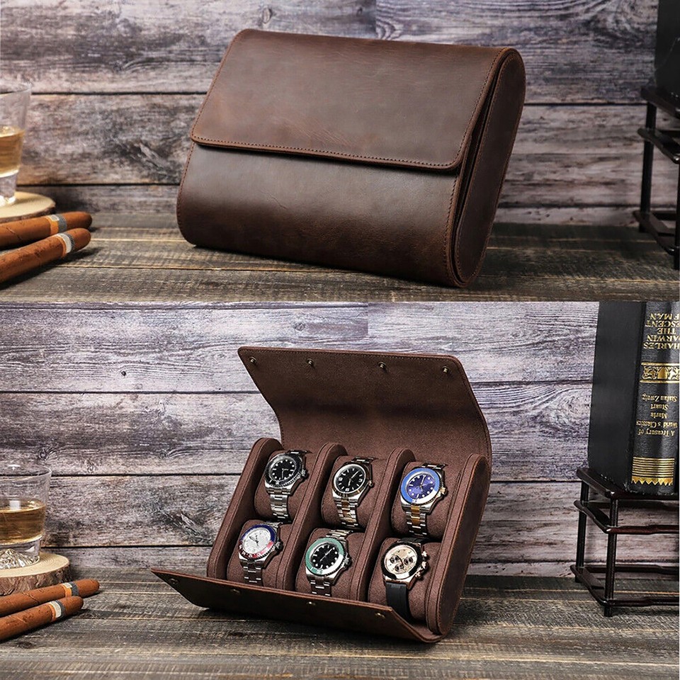 6-Slot Watch Storage Box Genuine Leather Jewells Watch Display Roll ...