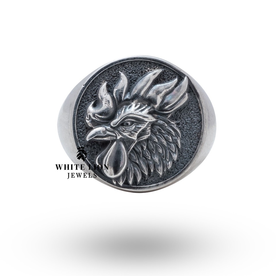 Rooster Cock Bird Chicken Men 925 Silver Signet Biker Rider Ring Gift ...