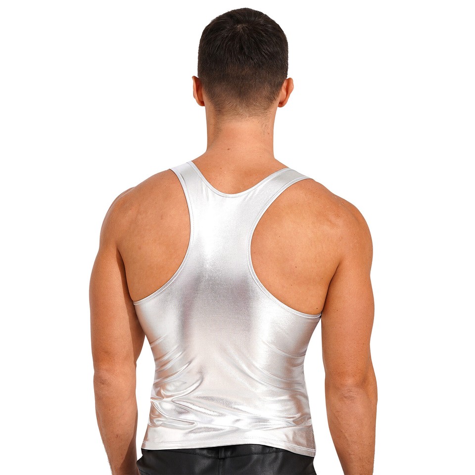 Men Shiny Metallic Sleeveless Muscle Tank Top Faux Leather Vest Tops ...
