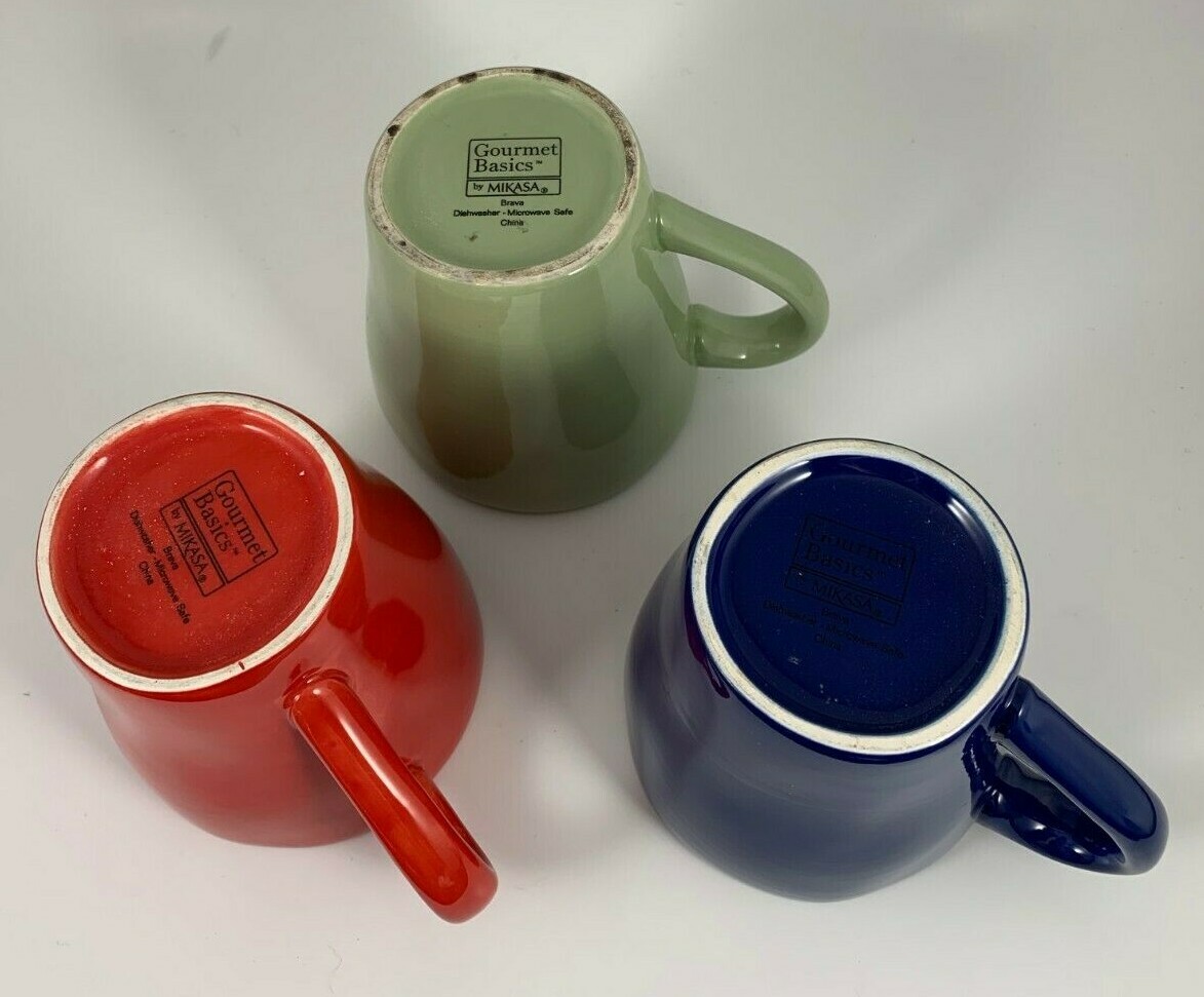 3 Mikasa Gourmet Basics BRAVA Coffee Mugs Cups Mixed Colors Blue Red ...
