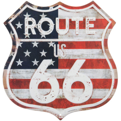 Route 66 Shield American Flag Rustic Embossed Metal Shield Sign Mancave ...