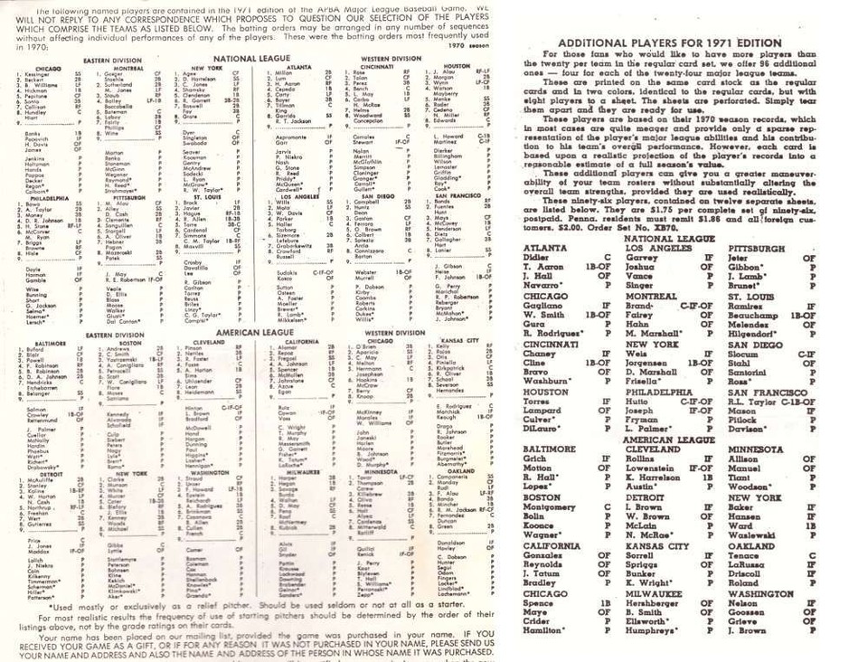 1970 APBA Original Season w/ XB - BOSTON RED SOX Team Set | eBay