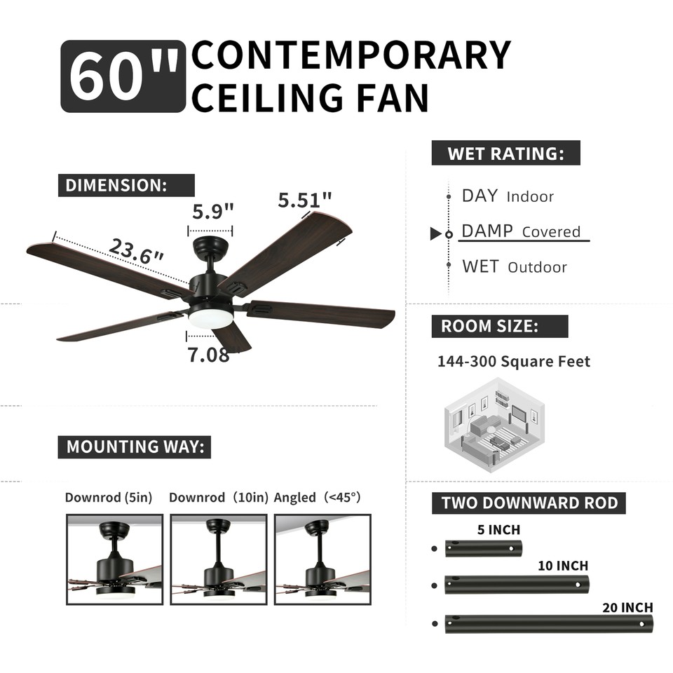 60 Inch Smart Ceiling Fan with Light Remote & APP Control Reversible 6 ...