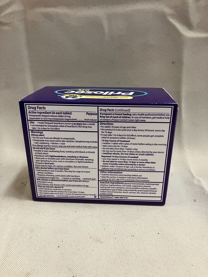 Prilosec OTC 24 Hour Acid Reducer Treats Frequent Heartburn 42 CT ...