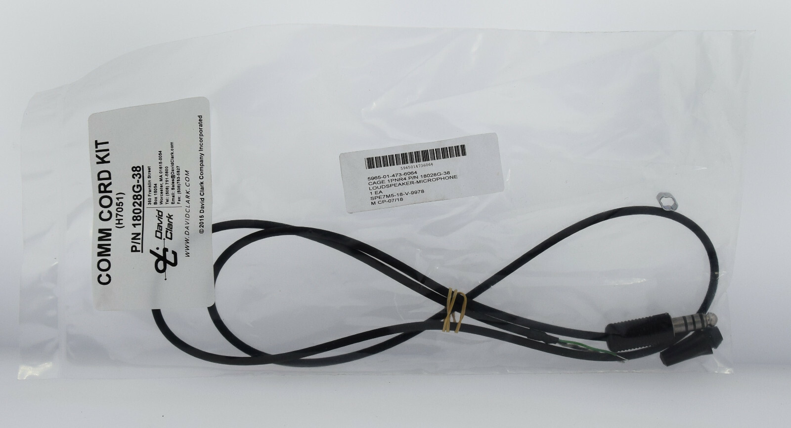 David Clark Pilots Aircraft Headset Comm Replacement Cord Kit 18028G-38 ...