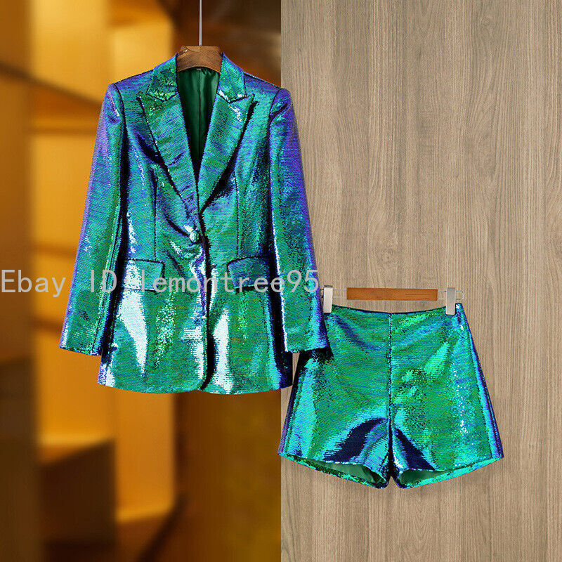Womens Bling Bling Suits Set Jacket Blazer Shorts Party Runway Sequins ...