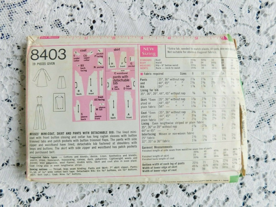 Vintage 1969 Simplicity Pattern 8403 Mini Coat Skirt Pants w Bib Sz 16 ...
